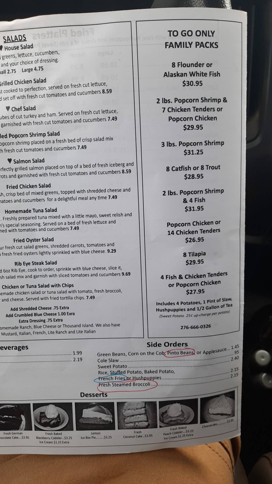 Menu at Captain Tom's Seafood restaurant, Martinsville