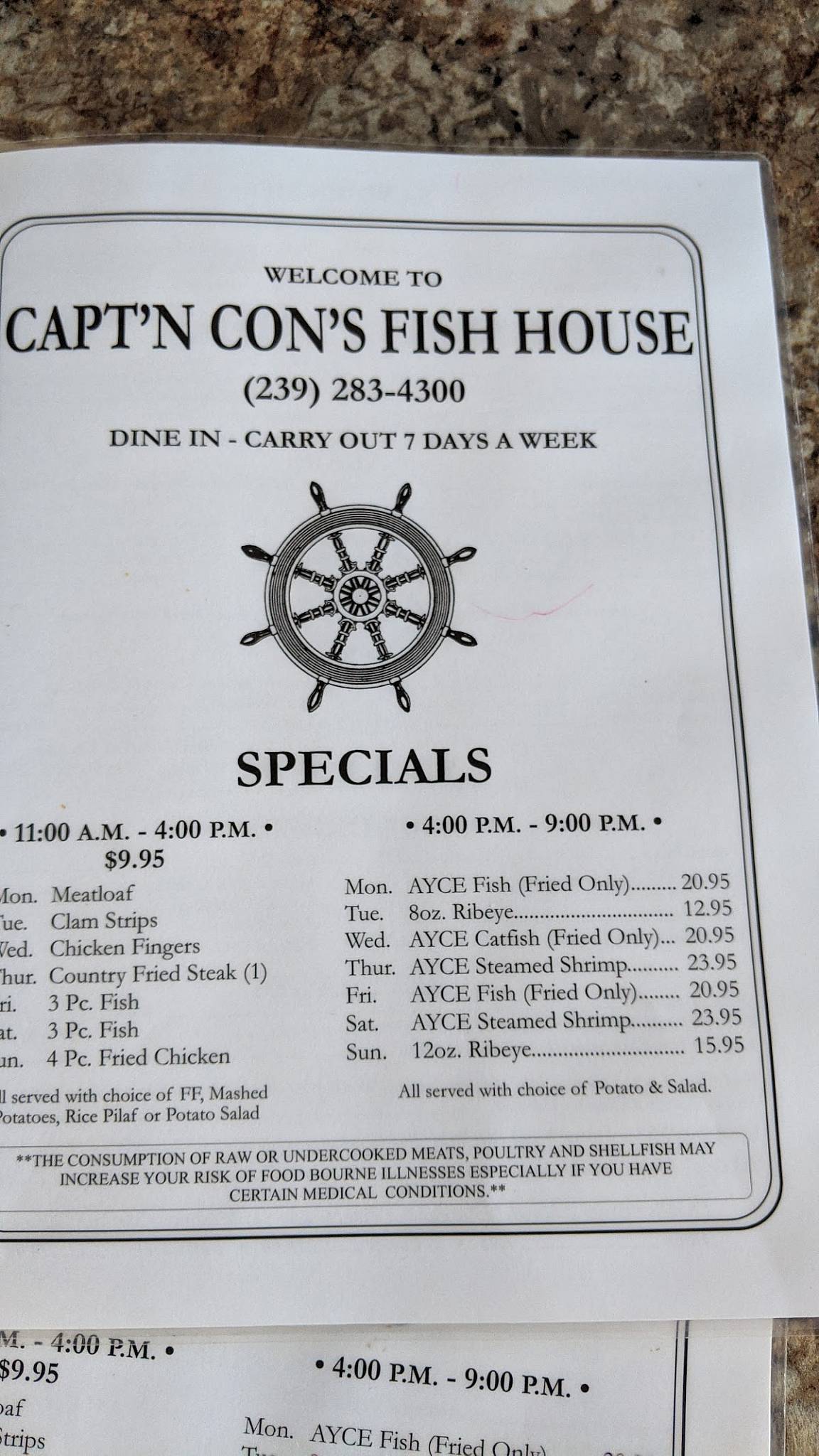 Menu at Capt'n Con's Fish House restaurant, Bokeelia