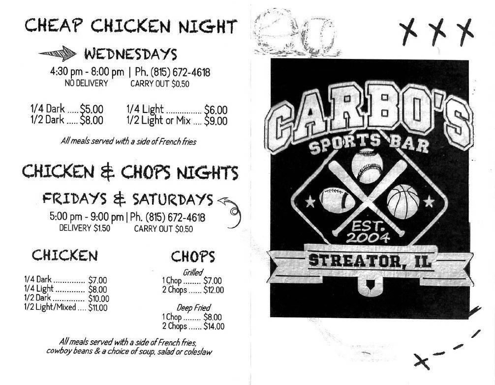 Menu at Carbo's Sports Bar, Streator