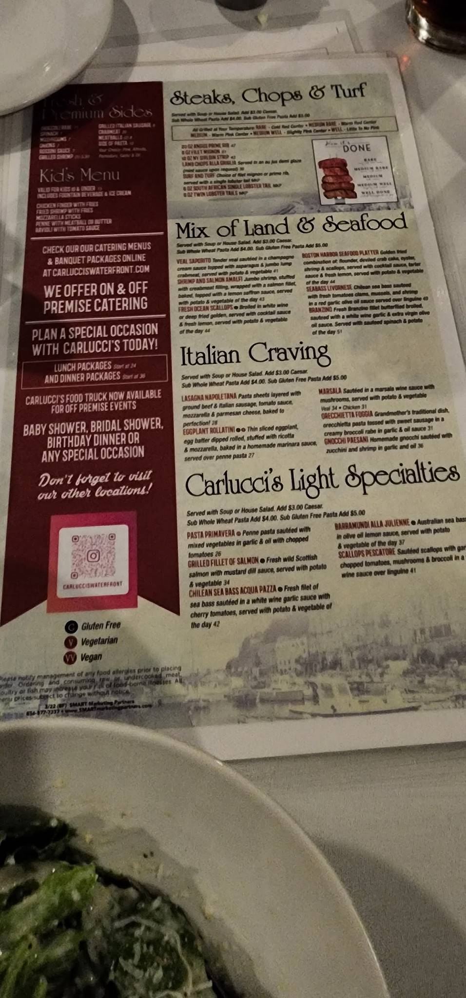 Menu at Carlucci's Waterfront steakhouse, Mount Laurel, 876 Centerton Rd