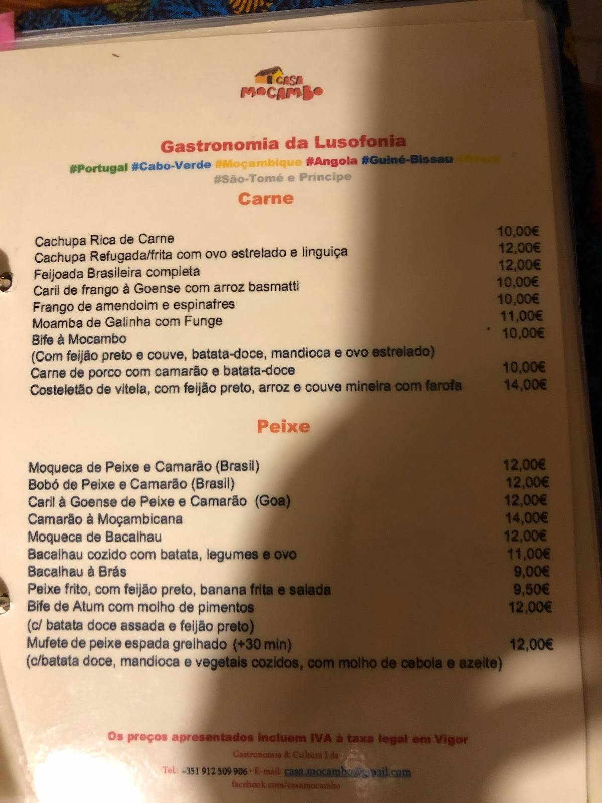 Menu em Casa Mocambo restaurante, Lisboa