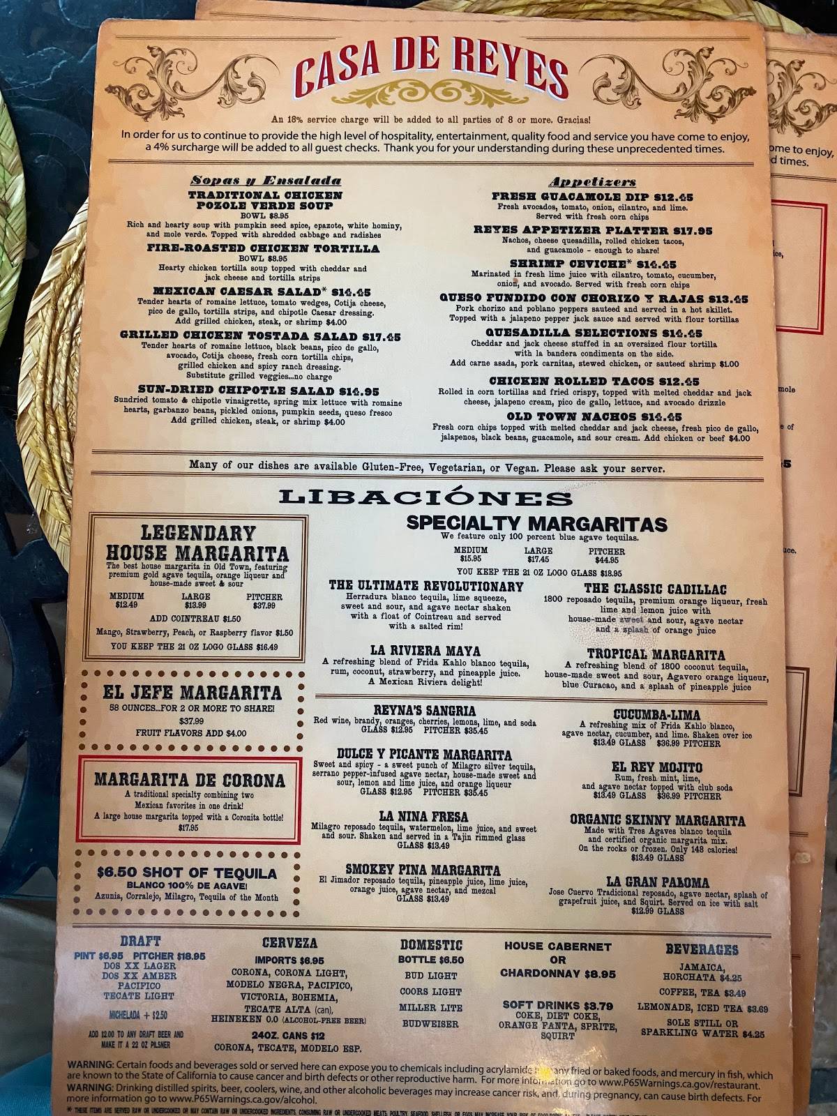 Menu at Casa de Reyes restaurant, San Diego, Calhoun St