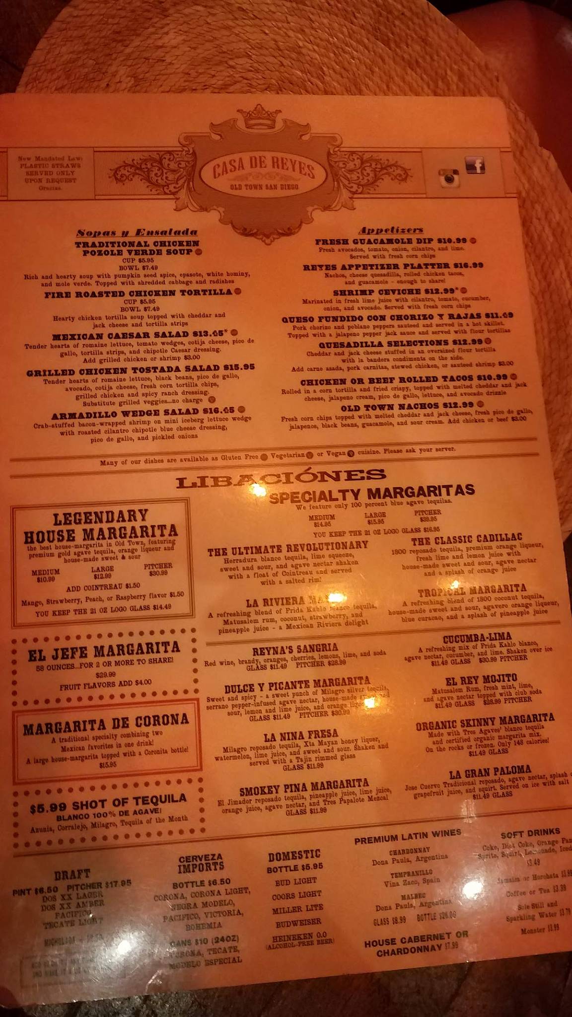 Menu at Casa de Reyes restaurant, San Diego, Calhoun St