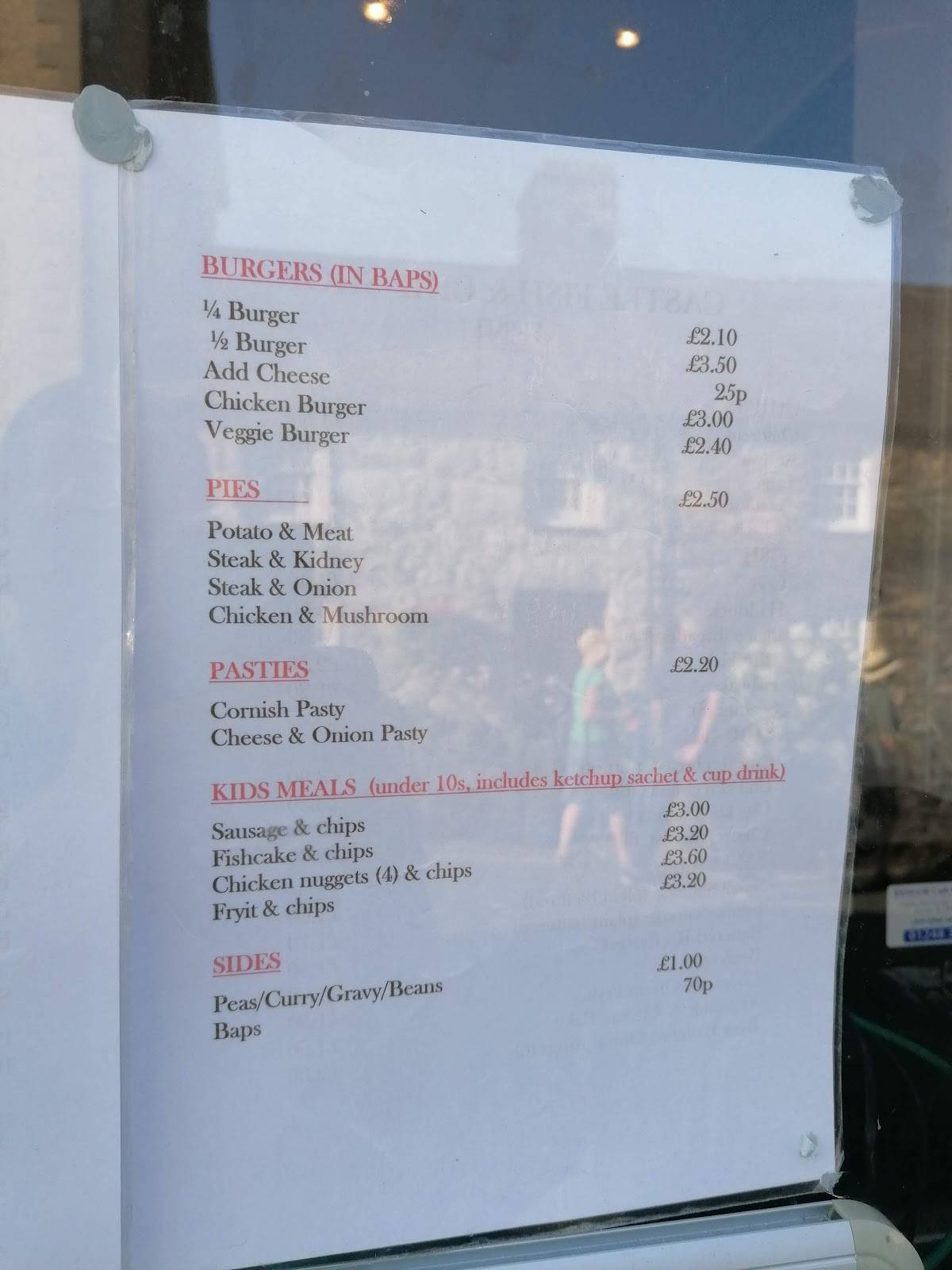 Menu at Castle Fish & Chip Shop. fast food, Criccieth