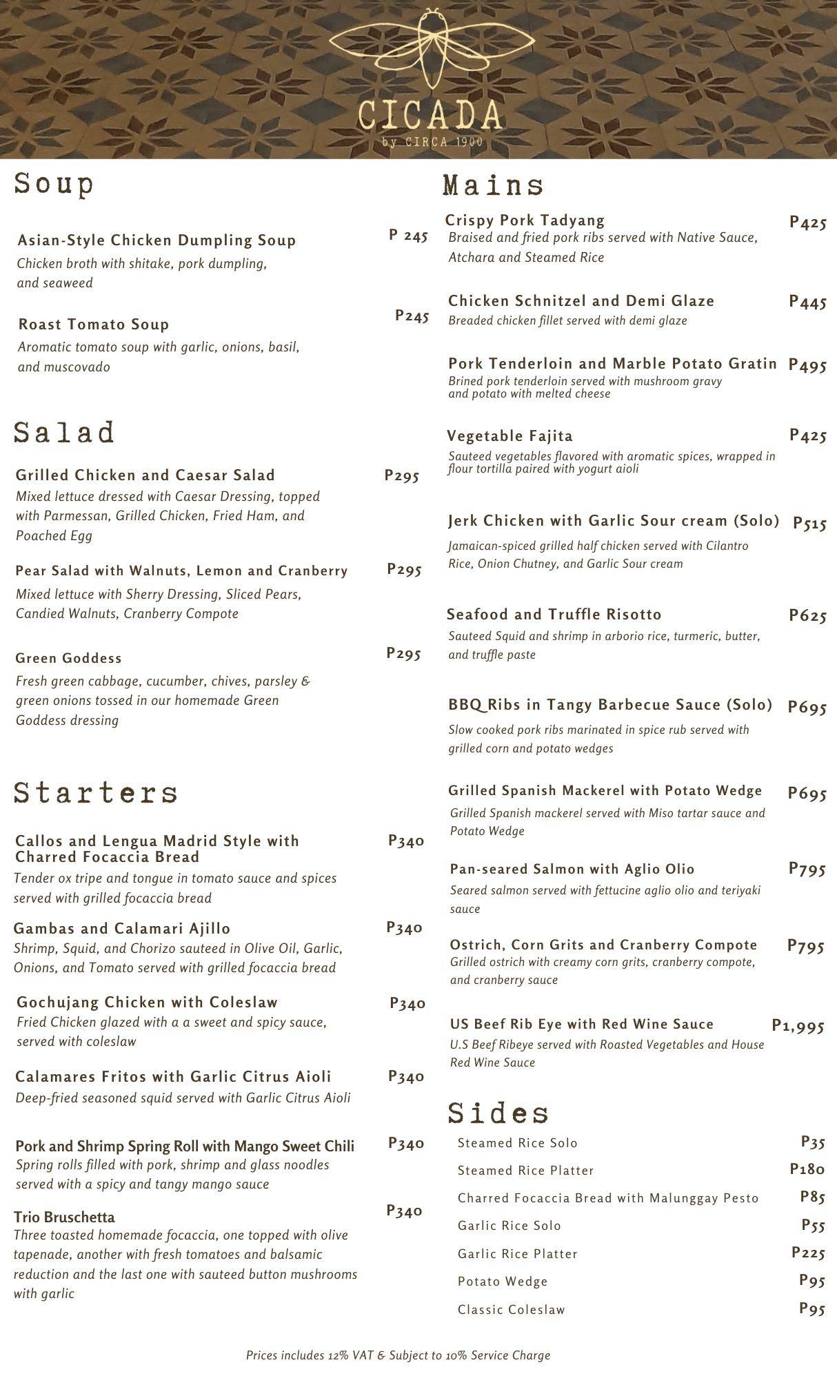 Menu at Circa 1900 restaurant, Cebu City