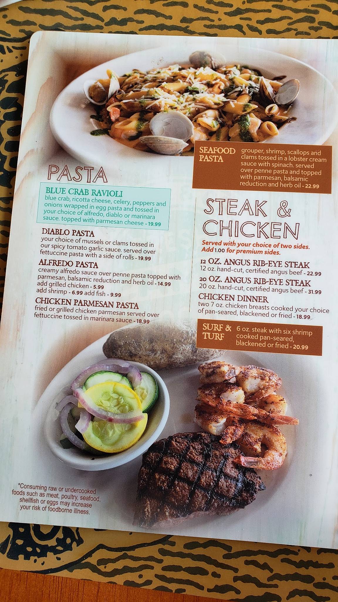 Menu at Steamers restaurant, Cedar Key, 420 Dock St