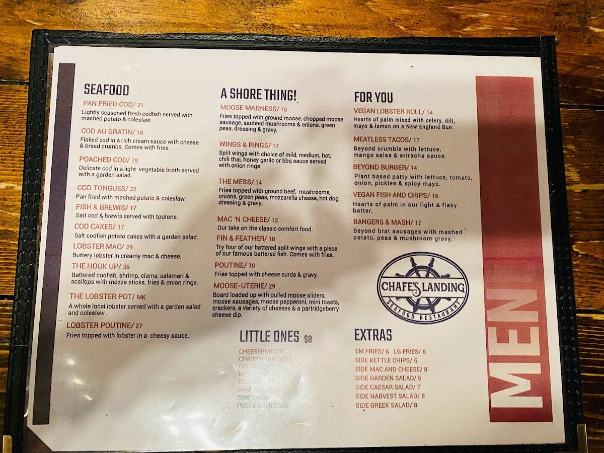 Menu at Chafe's Landing Restaurant, Petty Harbour-Maddox Cove