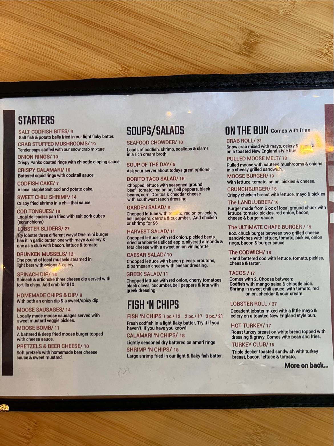 Menu at Chafe's Landing Restaurant, Petty Harbour-Maddox Cove