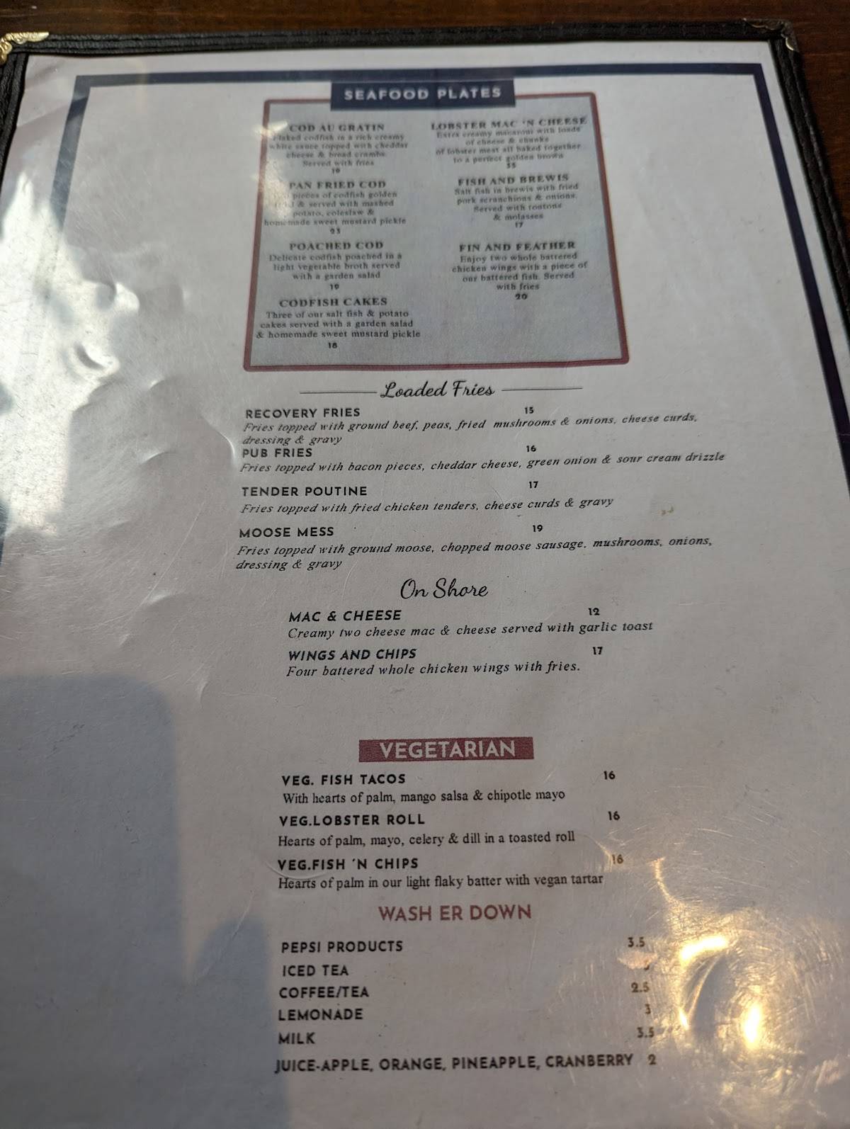 Menu at Chafe's Landing Restaurant, Petty Harbour-Maddox Cove