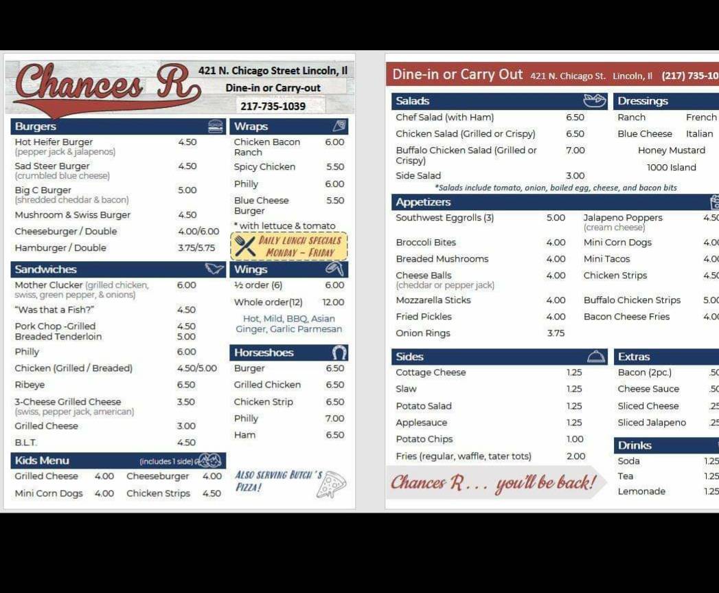 Menu at Chances R pub & bar, Lincoln