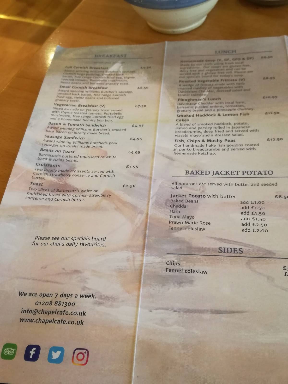 Menu at Chapel Cafe, Port Isaac