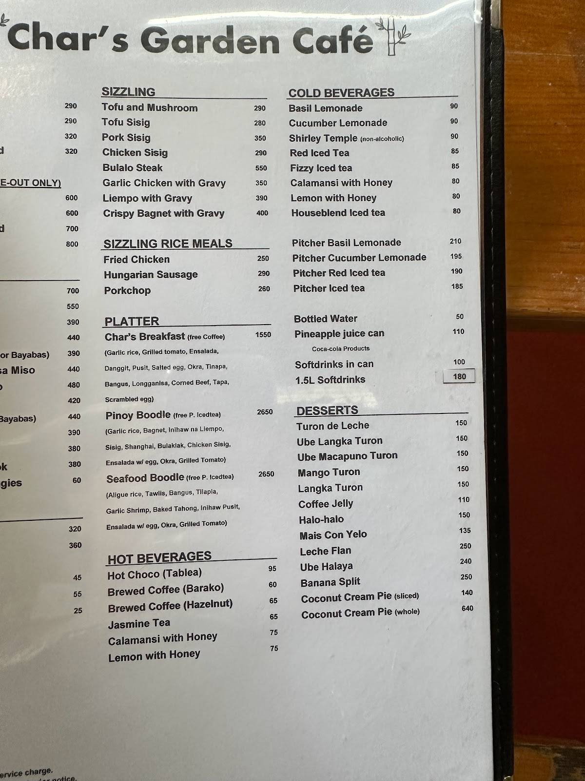 Menu at Char's Garden Cafe - Tagaytay, Laurel, 4W3G+QWP