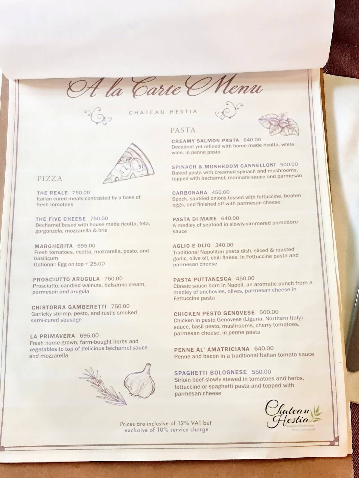 Menu at Chateau Hestia restaurant, Silang, Purok 5