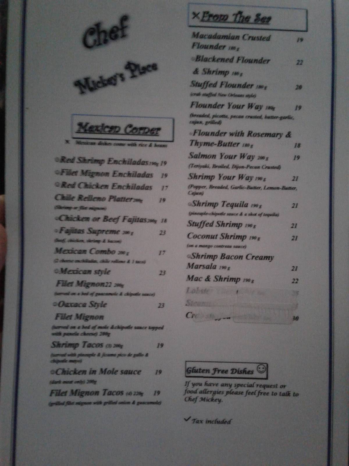 Menu at Chef Mickey's Place restaurant, Puerto Peñasco