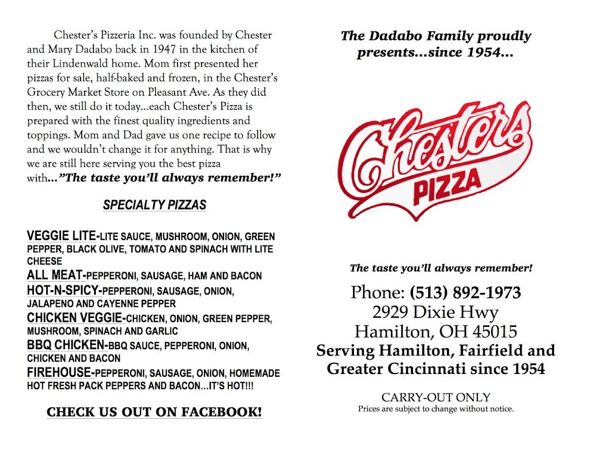 Menu at Chester's Pizzeria Inc., Hamilton
