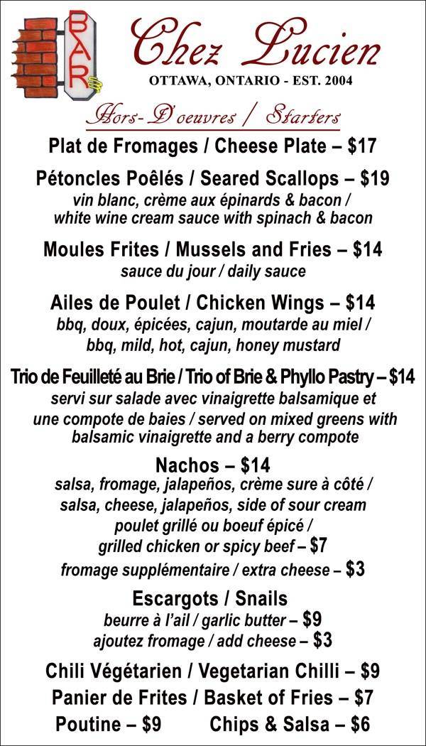 Menu at Chez Lucien pub & bar, Ottawa