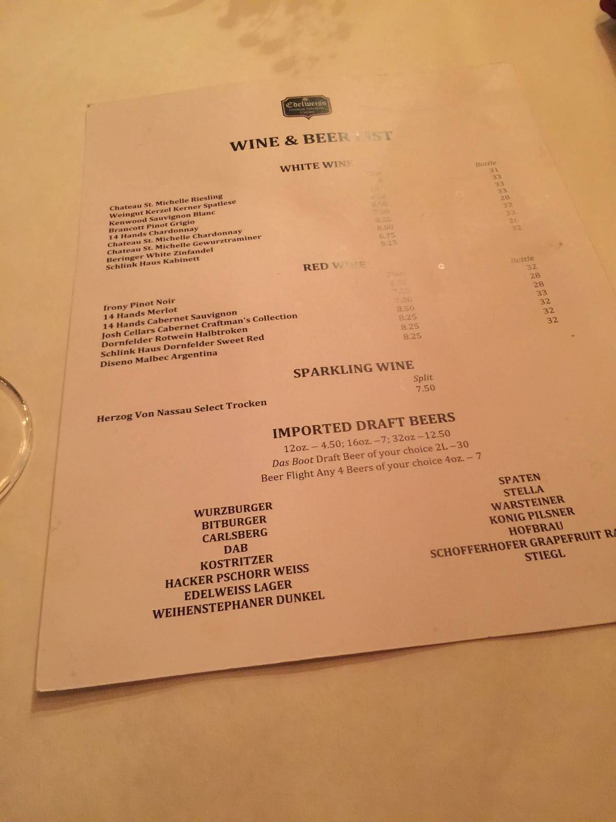 Menu at Edelweiss German American Cuisine pub & bar, Norridge