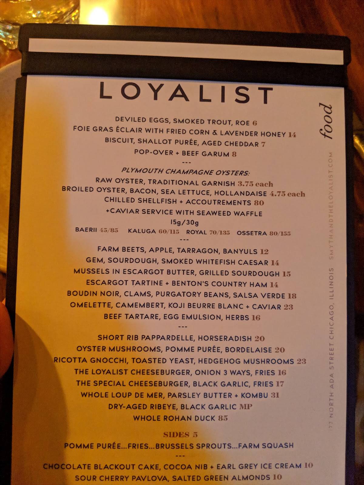 Menu at Smyth restaurant, Chicago