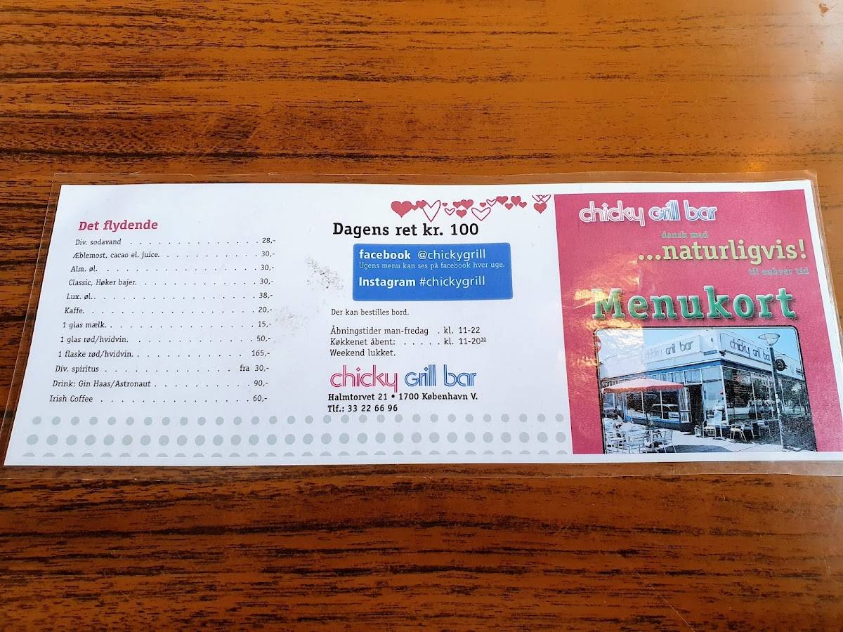 Menu at Chicky Grill Bar, Copenhagen