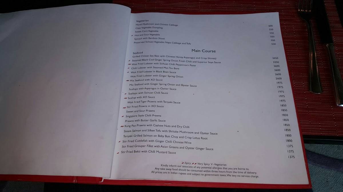 Menu at China XO, Chennai, The Leela Palace