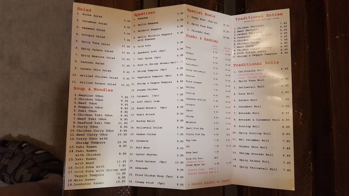 Menu at Vanilla Fish restaurant, Chino Hills