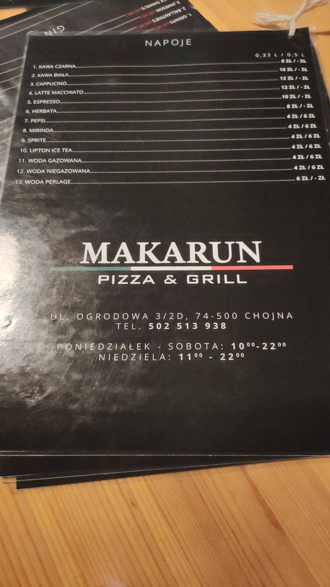 Menu at Makarun restaurant, Chojna