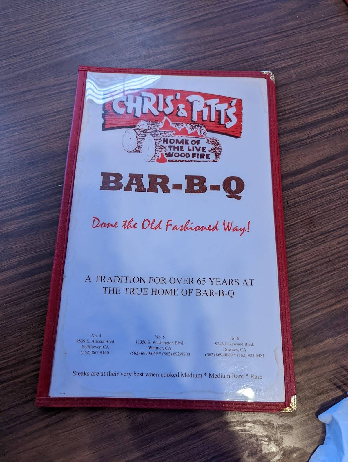 Menu at Chris & Pitts BBQ Restaurant, Downey