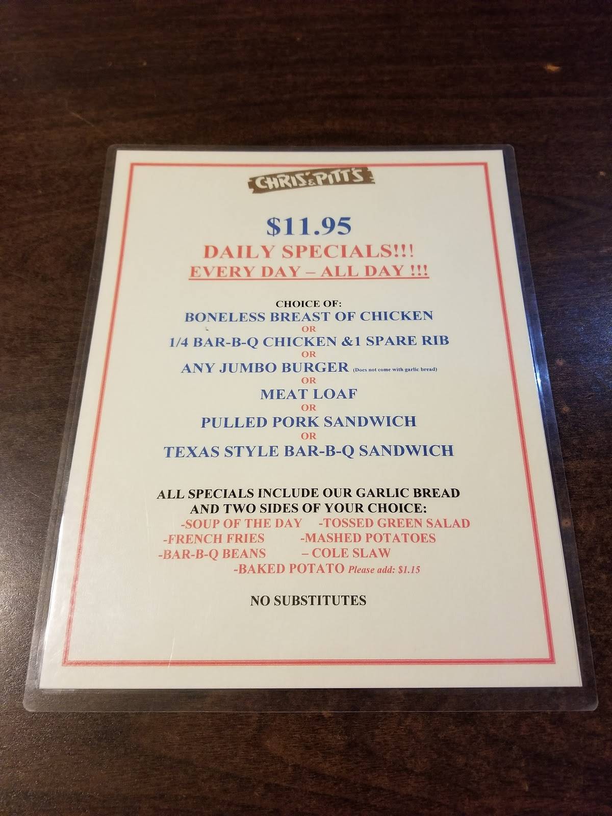 Menu at Chris & Pitts BBQ Restaurant, Downey