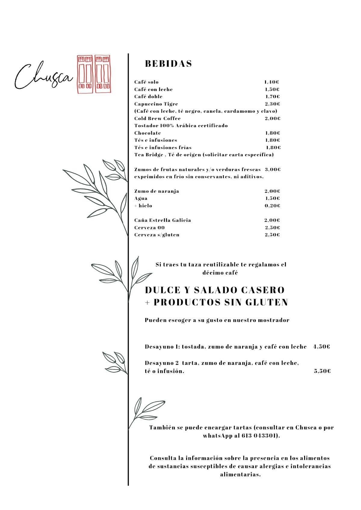 Carta de Chusca Dulcería y cafetería, Santiago de Compostela