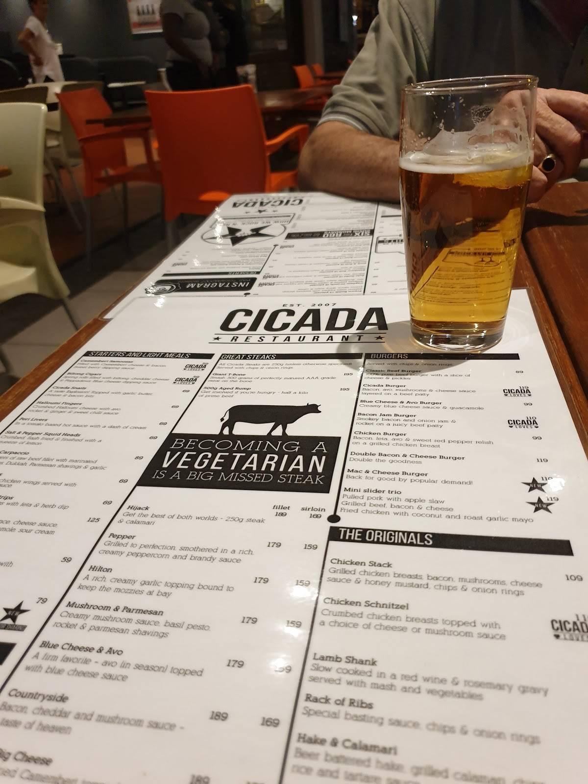 Menu at Cicada restaurant, Nelspruit
