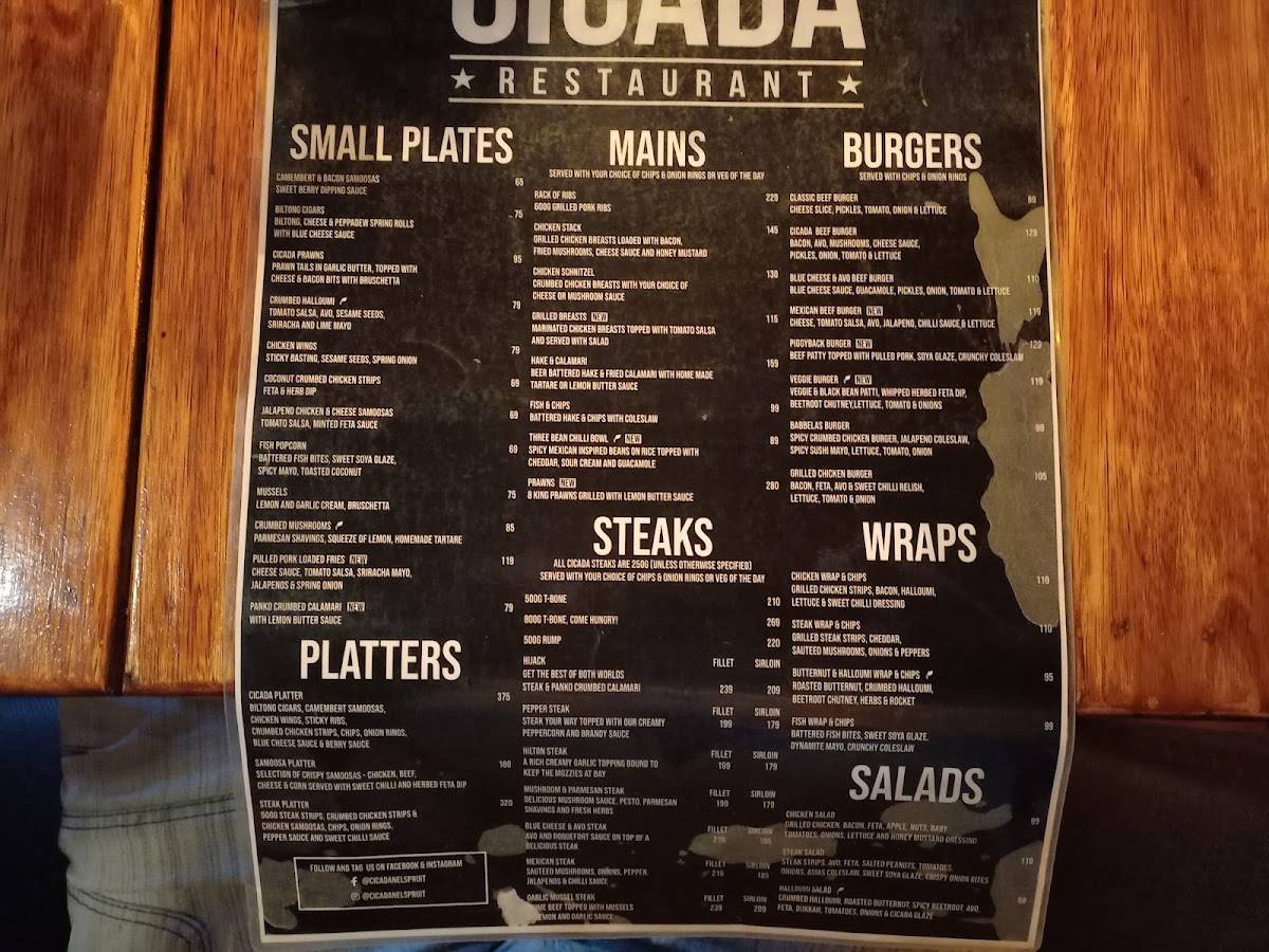 Menu at Cicada restaurant, Nelspruit