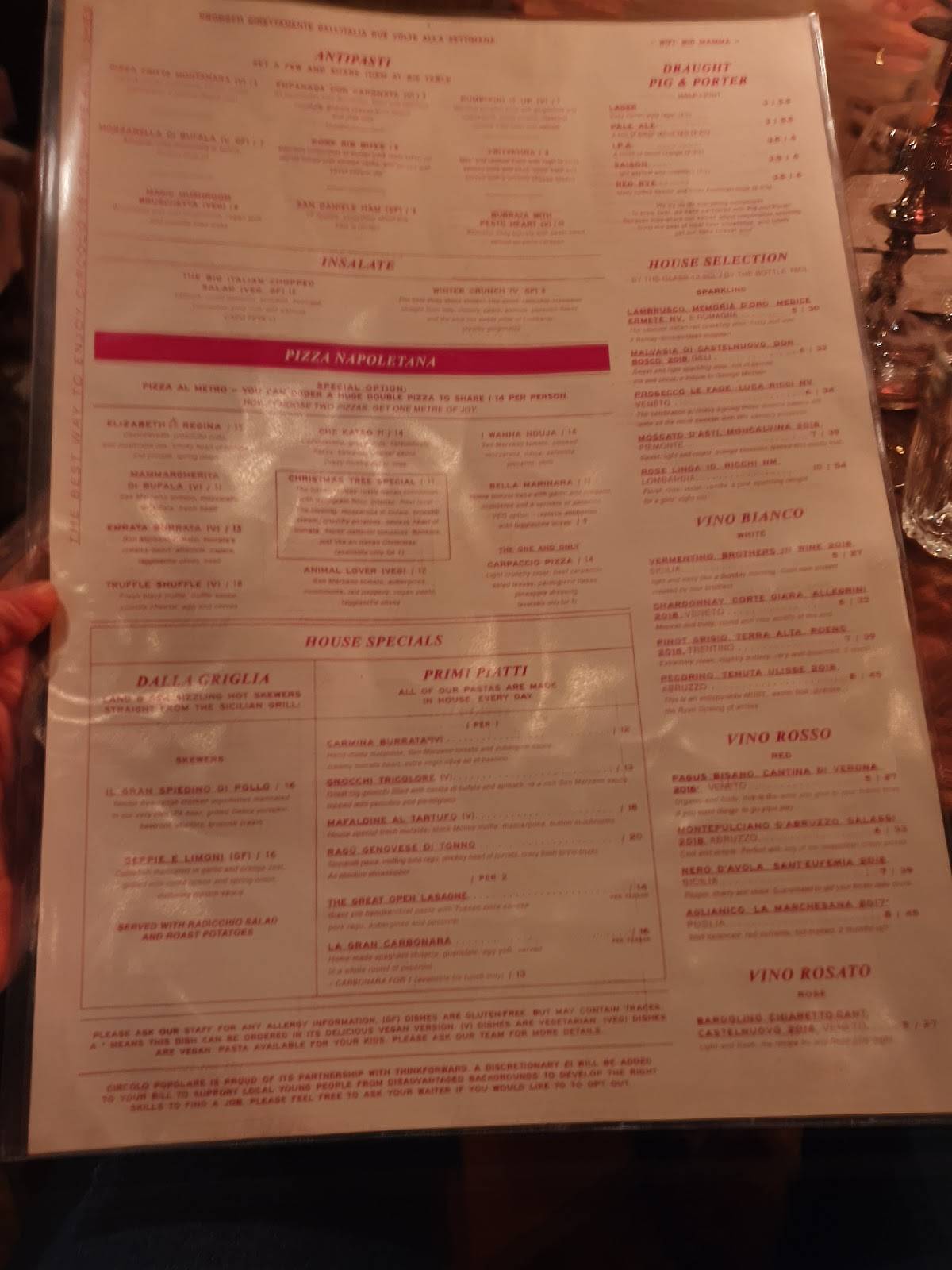 Menu at Circolo Popolare restaurant, London