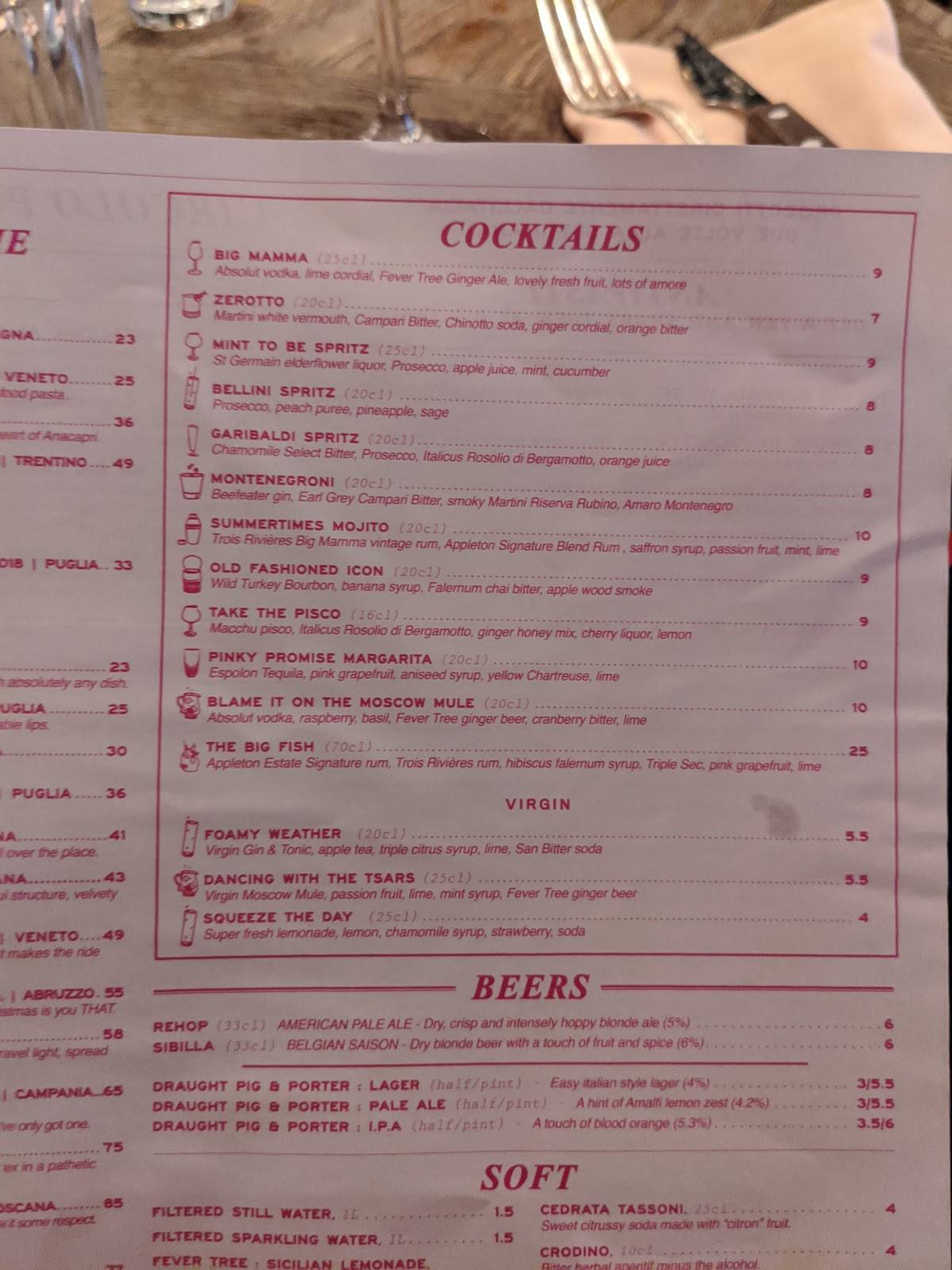 Menu at Circolo Popolare restaurant, London