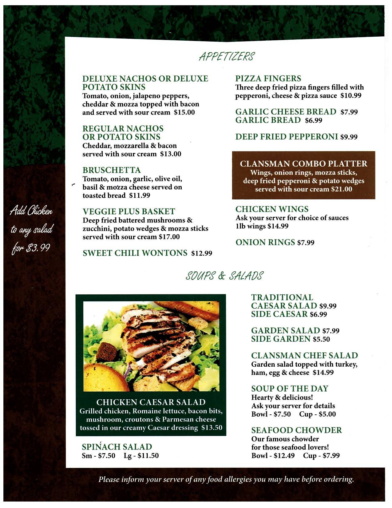 Menu at Clansman Motel restaurant, North Sydney, 9 Baird St