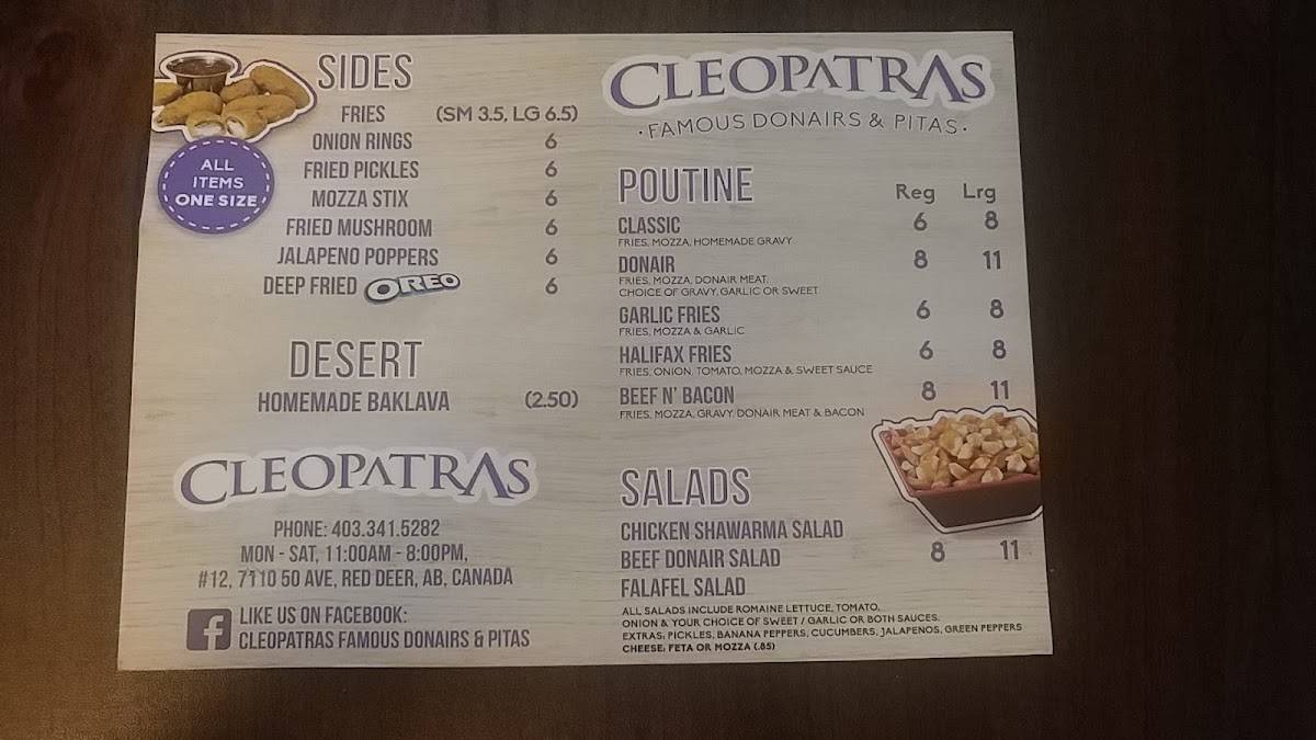 Menu at Cleopatras Famous Donair & Pita restaurant, Red Deer