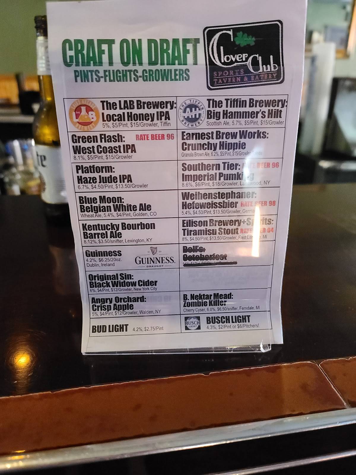 Menu at Clover Club Sports Tavern & Eatery, Tiffin
