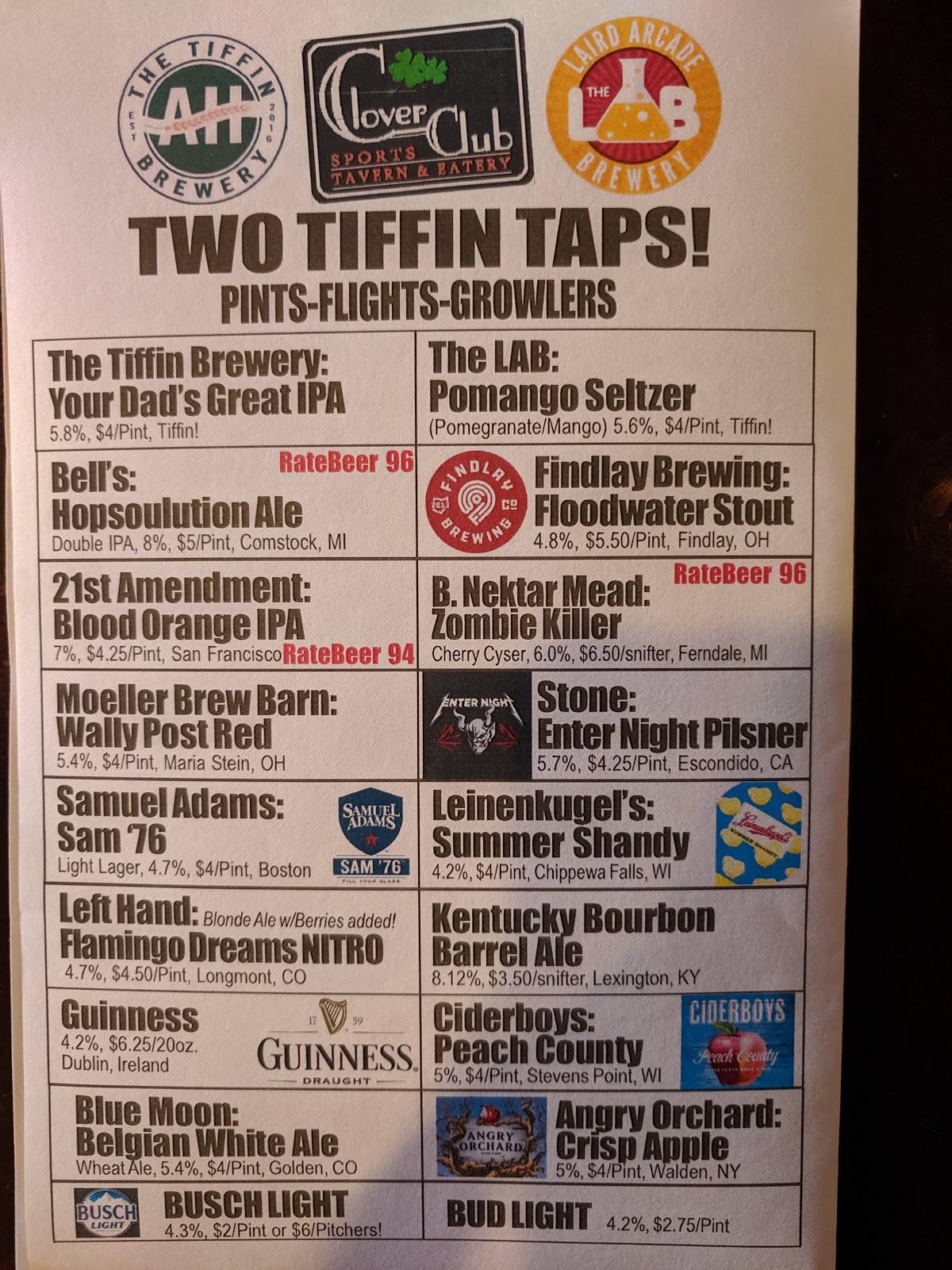 Menu at Clover Club Sports Tavern & Eatery, Tiffin