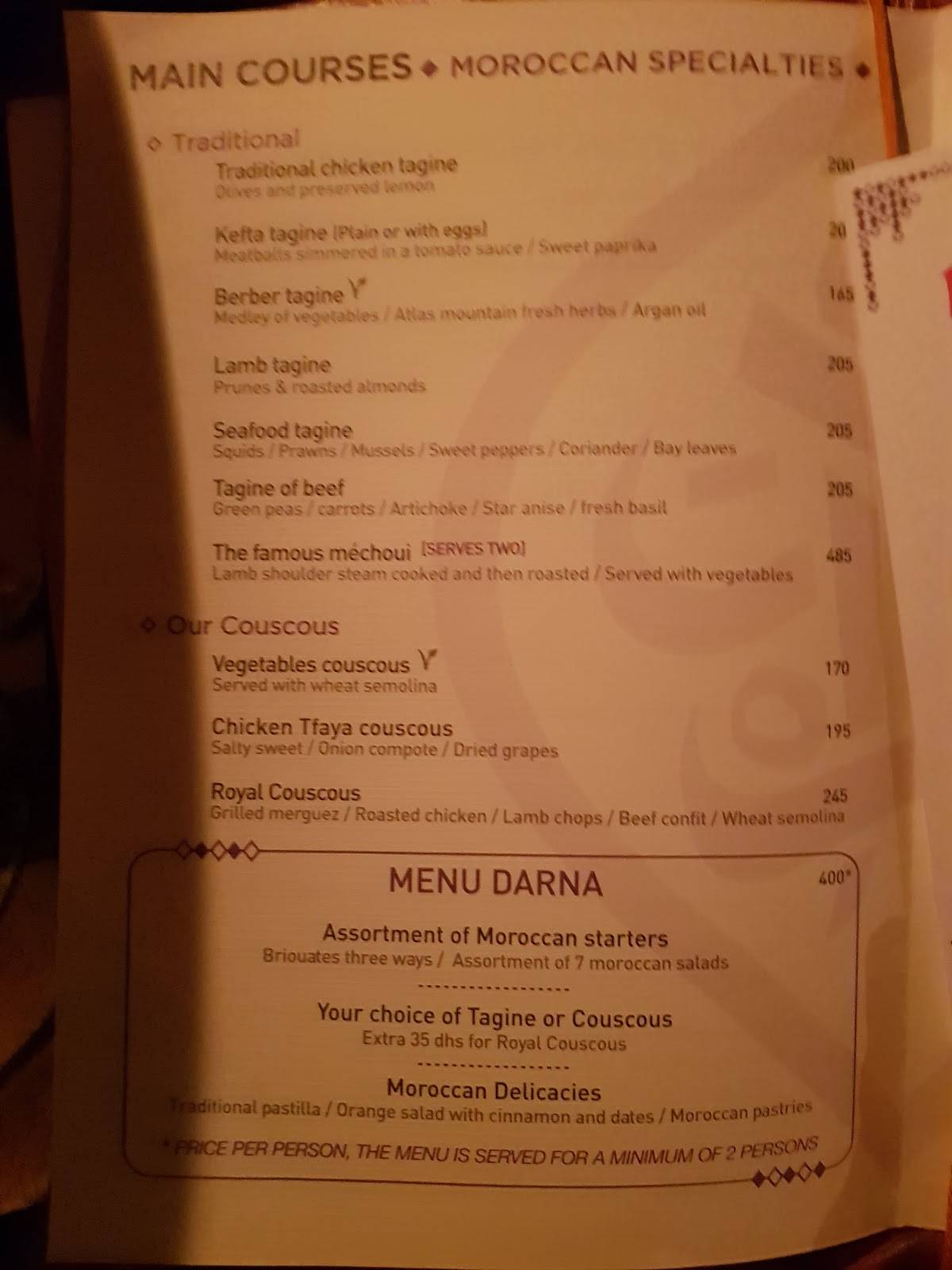 Carta del club Comptoir Darna, Marrakech