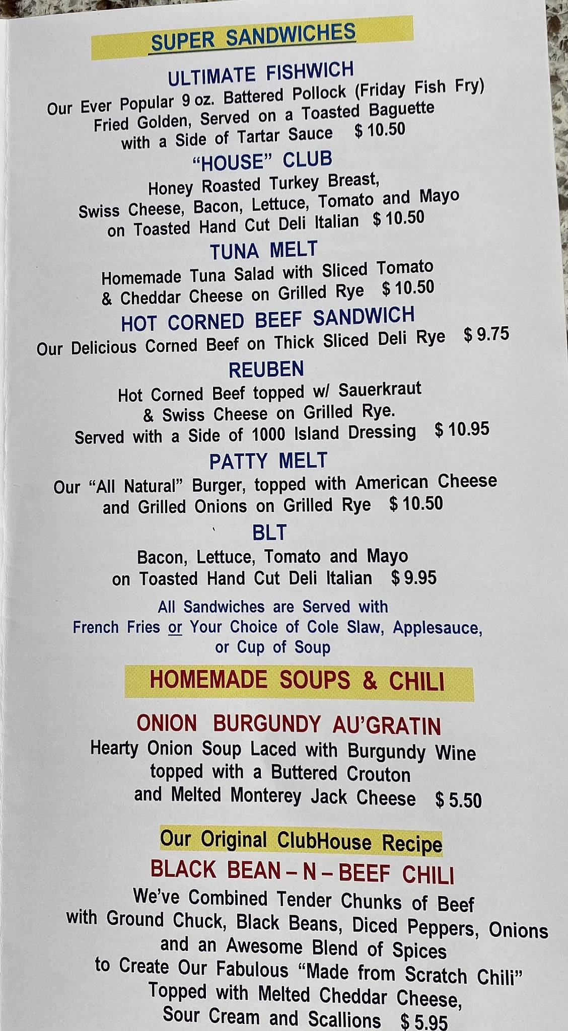 Menu at Clubhouse, Parma Heights