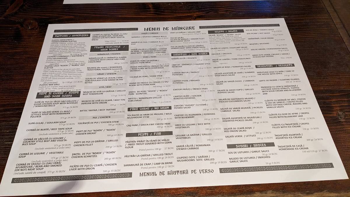 Menu at Roata, Cluj-Napoca