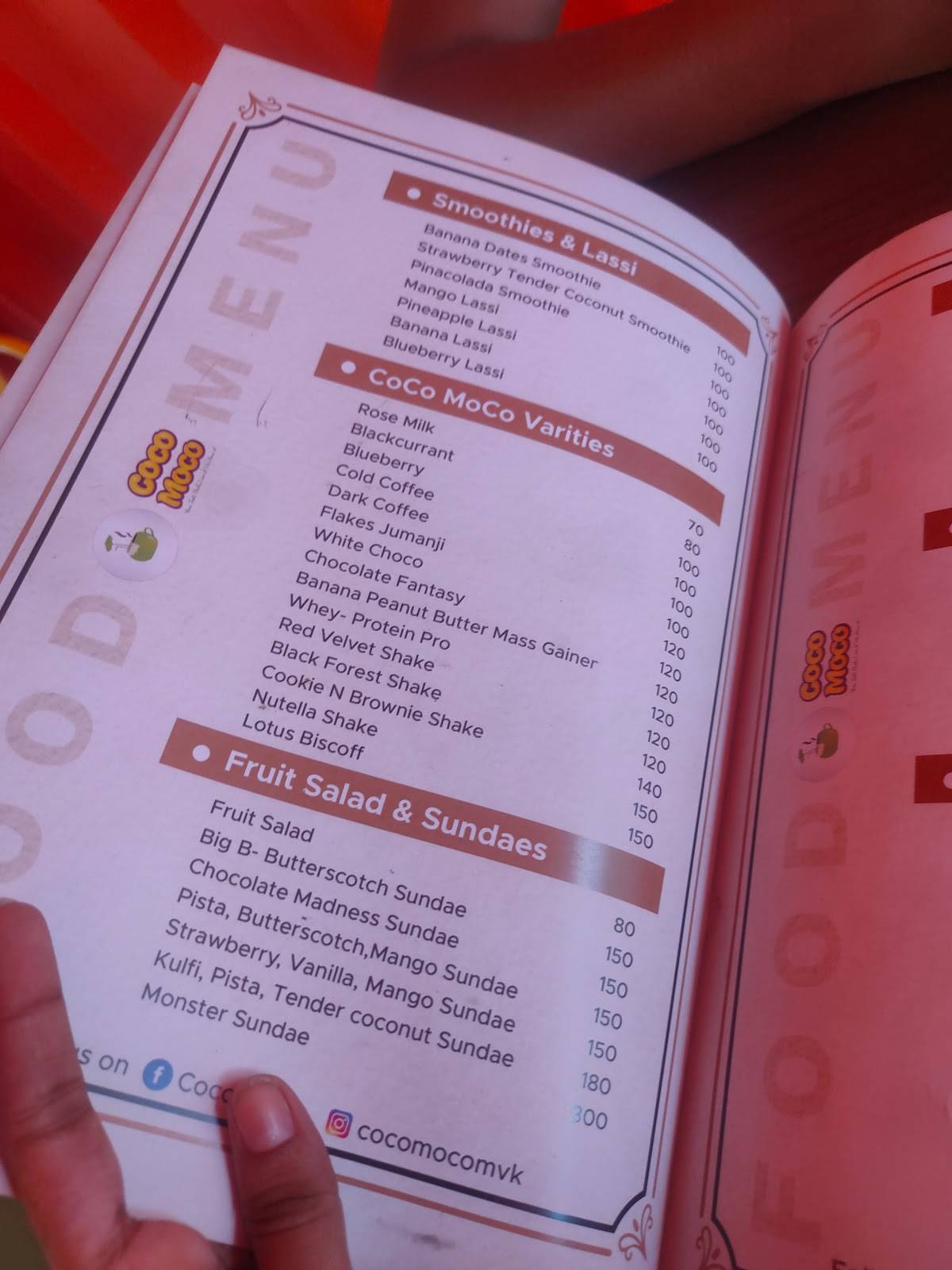 Menu at CoCo MoCo, Mavelikara