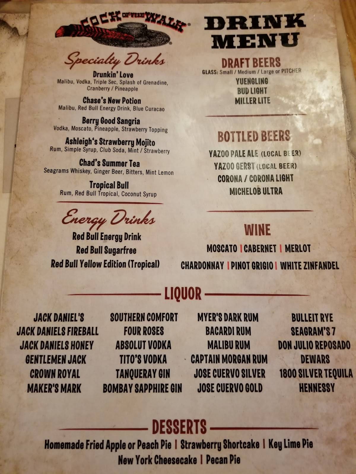 Menu at Cock of the Walk restaurant, Nashville, Music Valley Dr