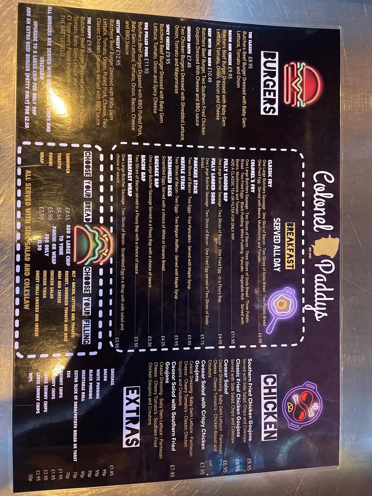 Menu at Colonel Paddy´s cafe, Newtownards