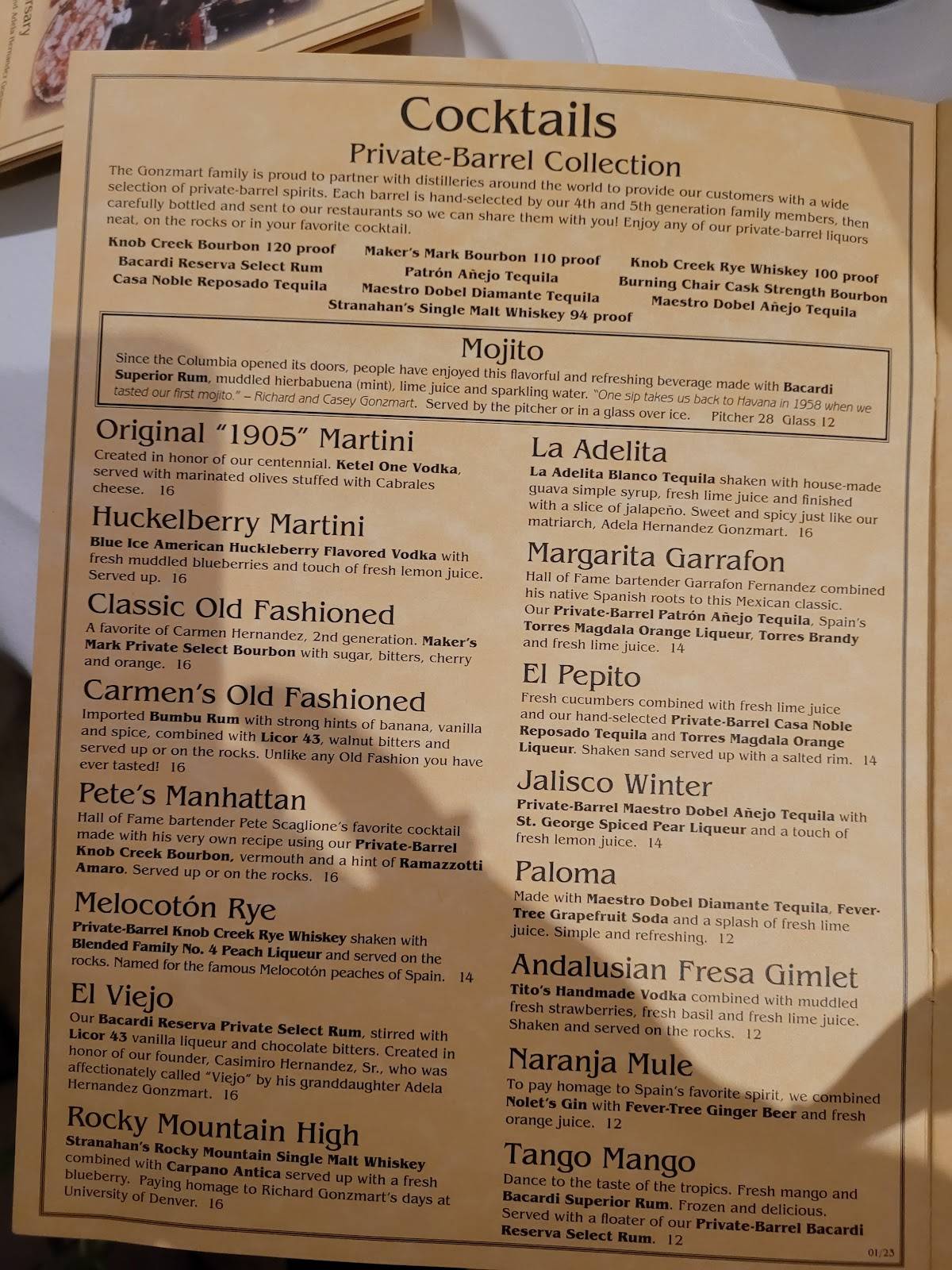 Menu at Columbia Restaurant, Sarasota