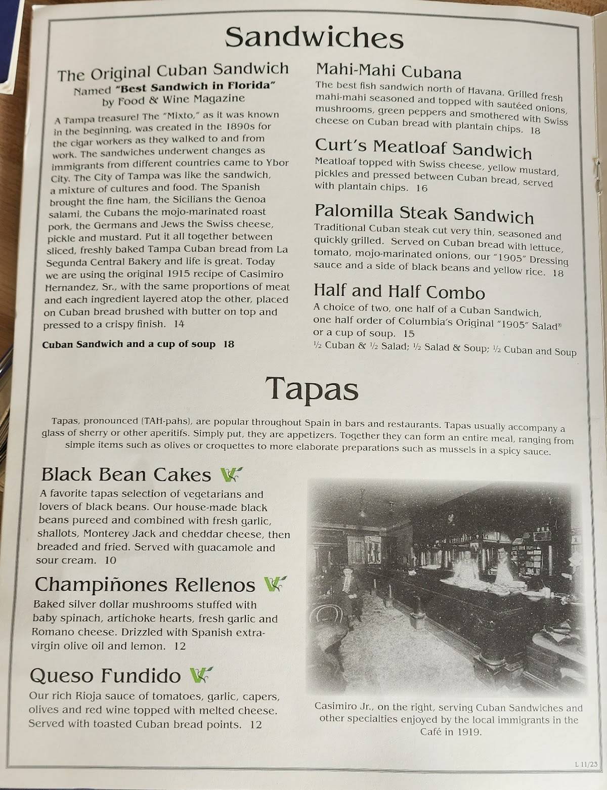 Menu at Columbia Restaurant, Sarasota