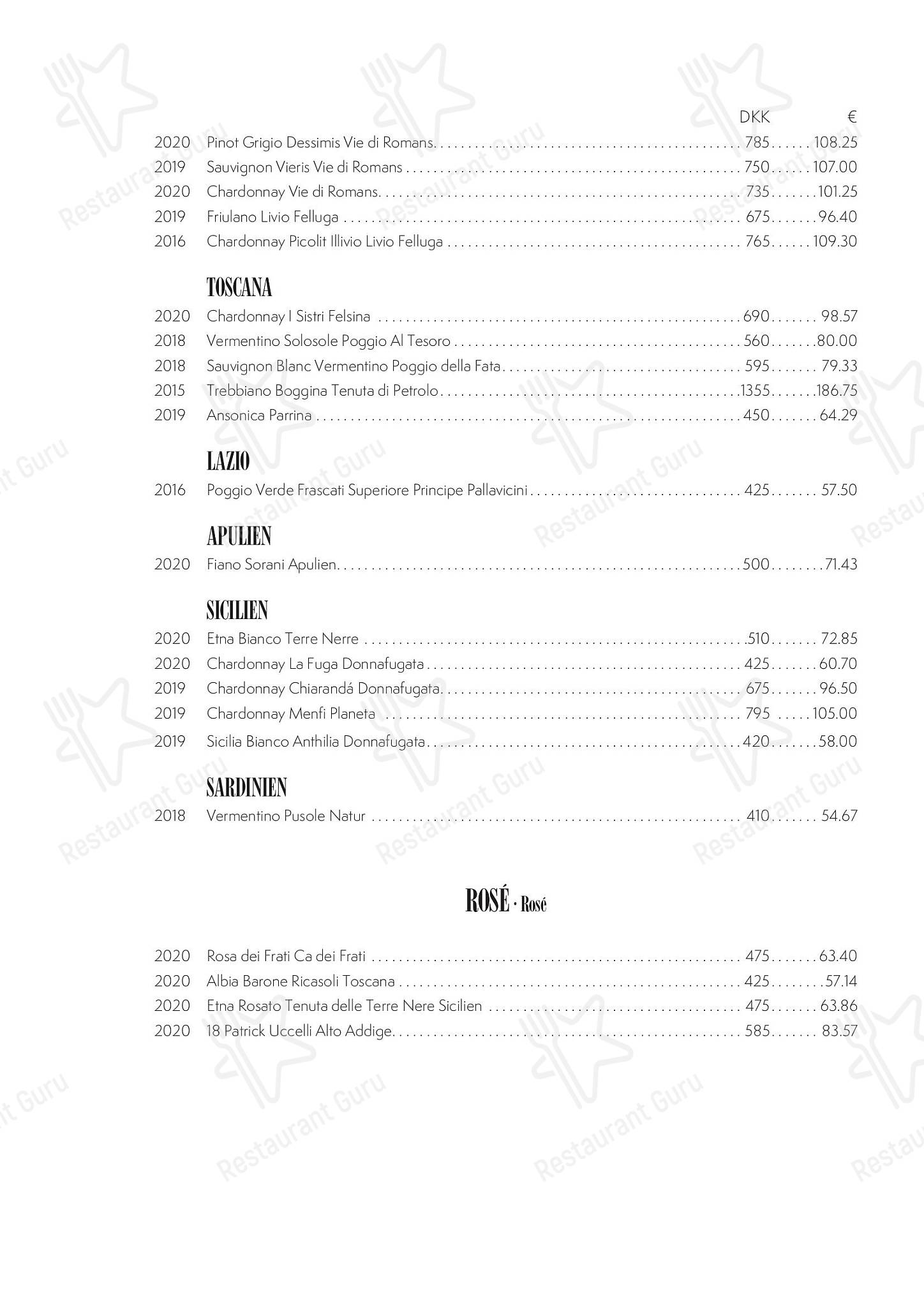 Menu at Trattoria Fiat restaurant, Copenhagen