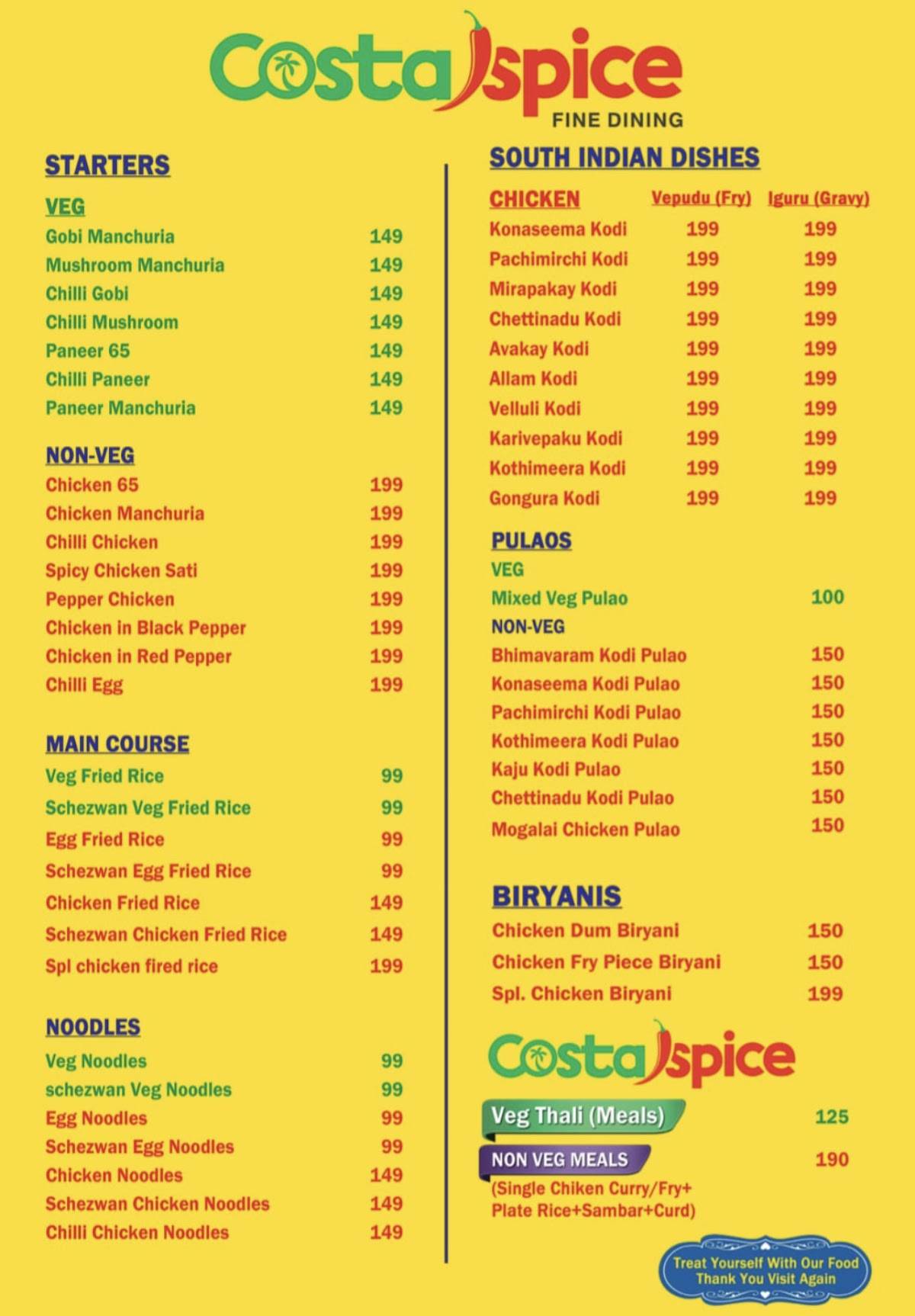 Menu at Costa Spice, Hyderabad