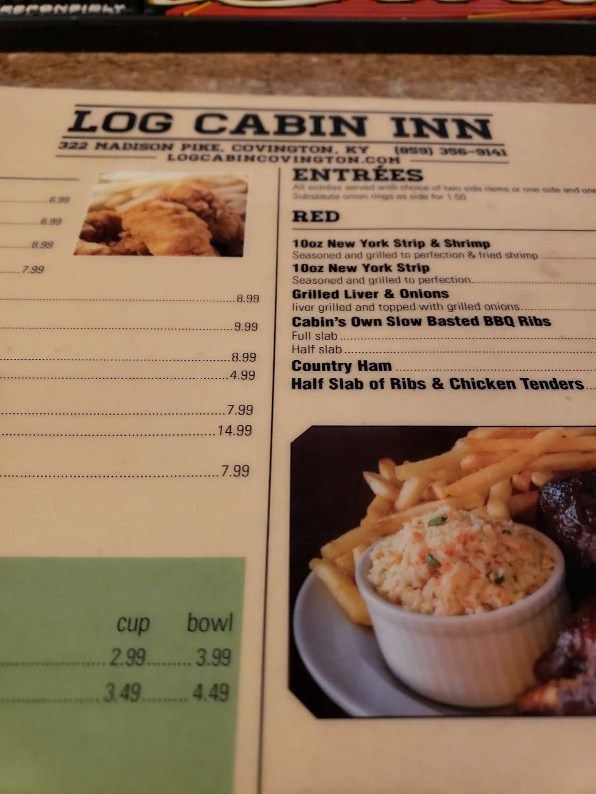Menu at Log Cabin Inn steakhouse, Covington, 322 Madison Pike