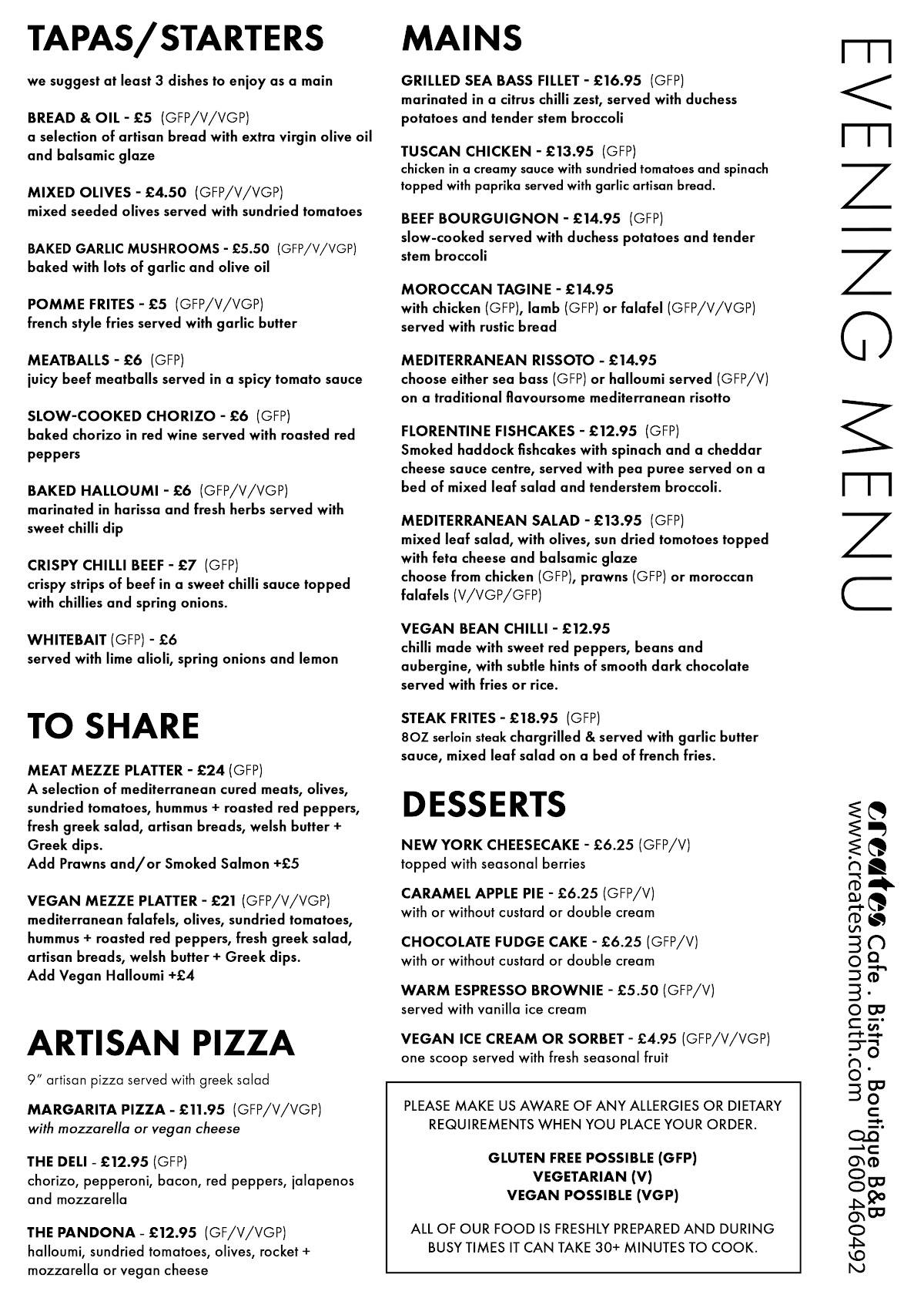 Menu at Creates Monmouth restaurant, Monmouth