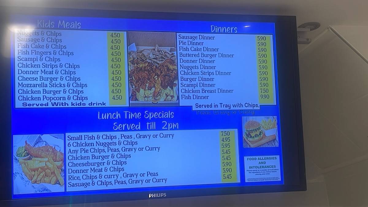 Menu at Crispy cod fast food, Kinmel Bay, Llysfaen Ave